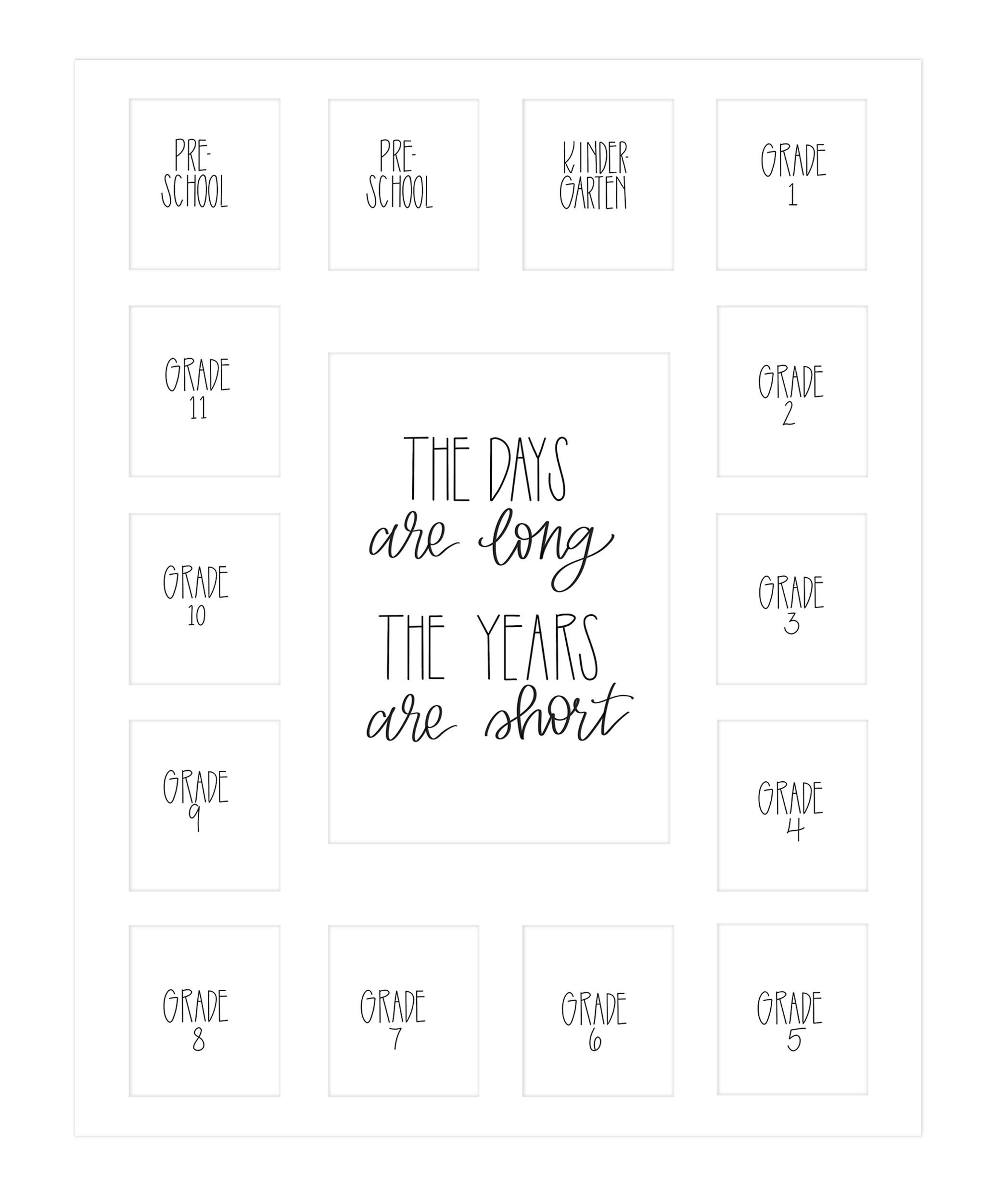 School Days Picture Mat with Multiple Openings–School Years Photo Collage – The Days Are Long Picture Mat – No Frame - 2 Pre-School & Kindergarten to 12th Grade (15 Photos, 2PreK-12th White)