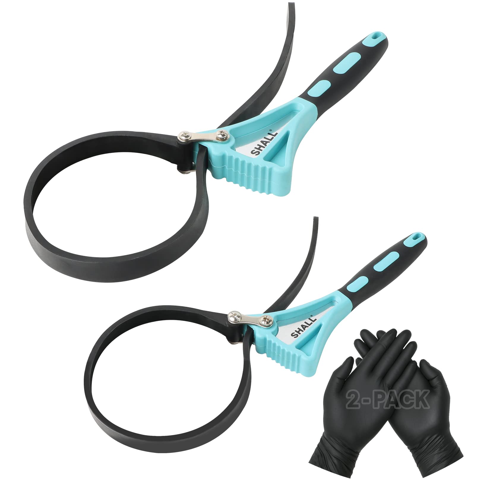 SHALL 2-Piece Rubber Strap Wrench Set, Adjustable Oil Filter Wrench, Jar Opener, 4" & 6" Max Rotation Diameter, Anti-slip Handle, 2-Pack PVC Gloves Included, for Pipe, Oil Filter, Jar, Water Faucet