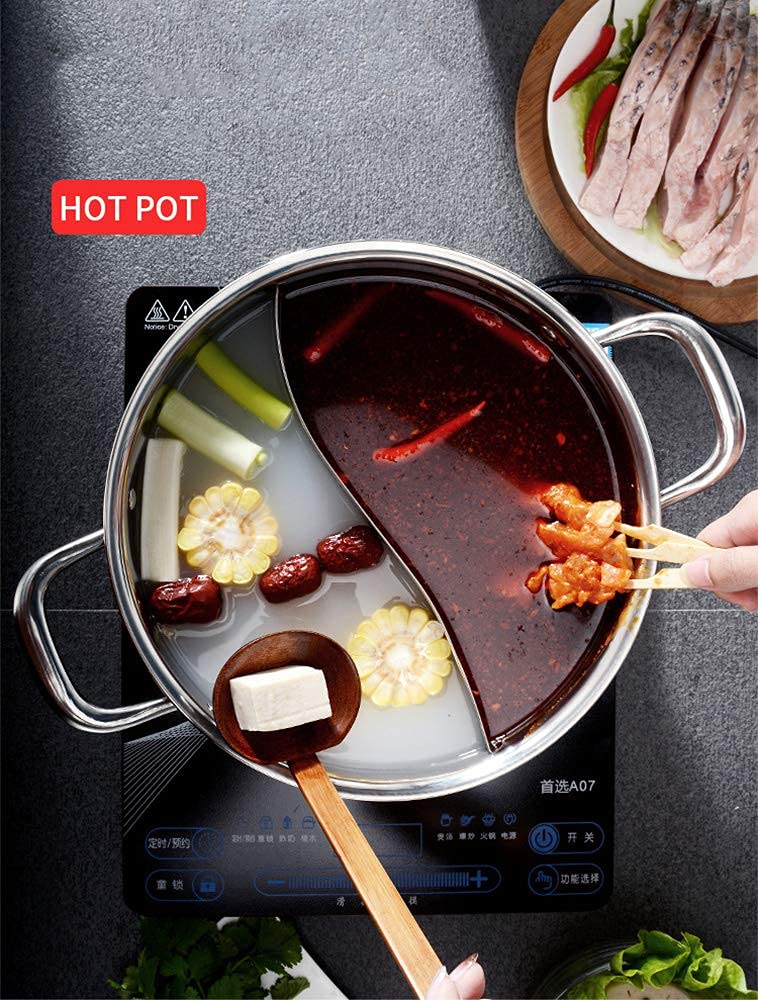 Shabu Shabu Hot Pot. 304 Premium Stainless Steel Hot Plate Cookware Set Ramen Cooker, Hot Pot Soup Base Korean BBQ Multi Cooker Stainless Steel Pot Set, 11"(28cm) Pot with Divider