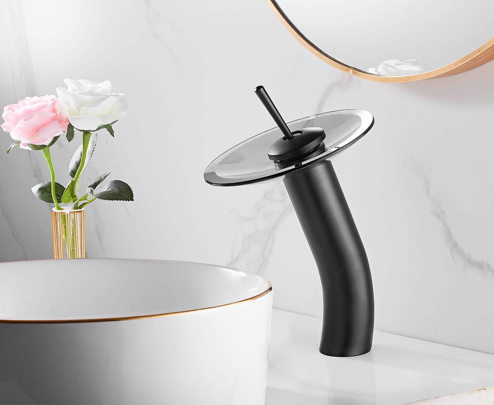 Waterfall Black Bathroom Vessel Faucet Glass Spout 360° Swivel Single Handle One Hole Solid Brass Bowl Faucet Bath Lavatory Vessel Sink Vanity Faucet Tall Body for Above Counter Sink