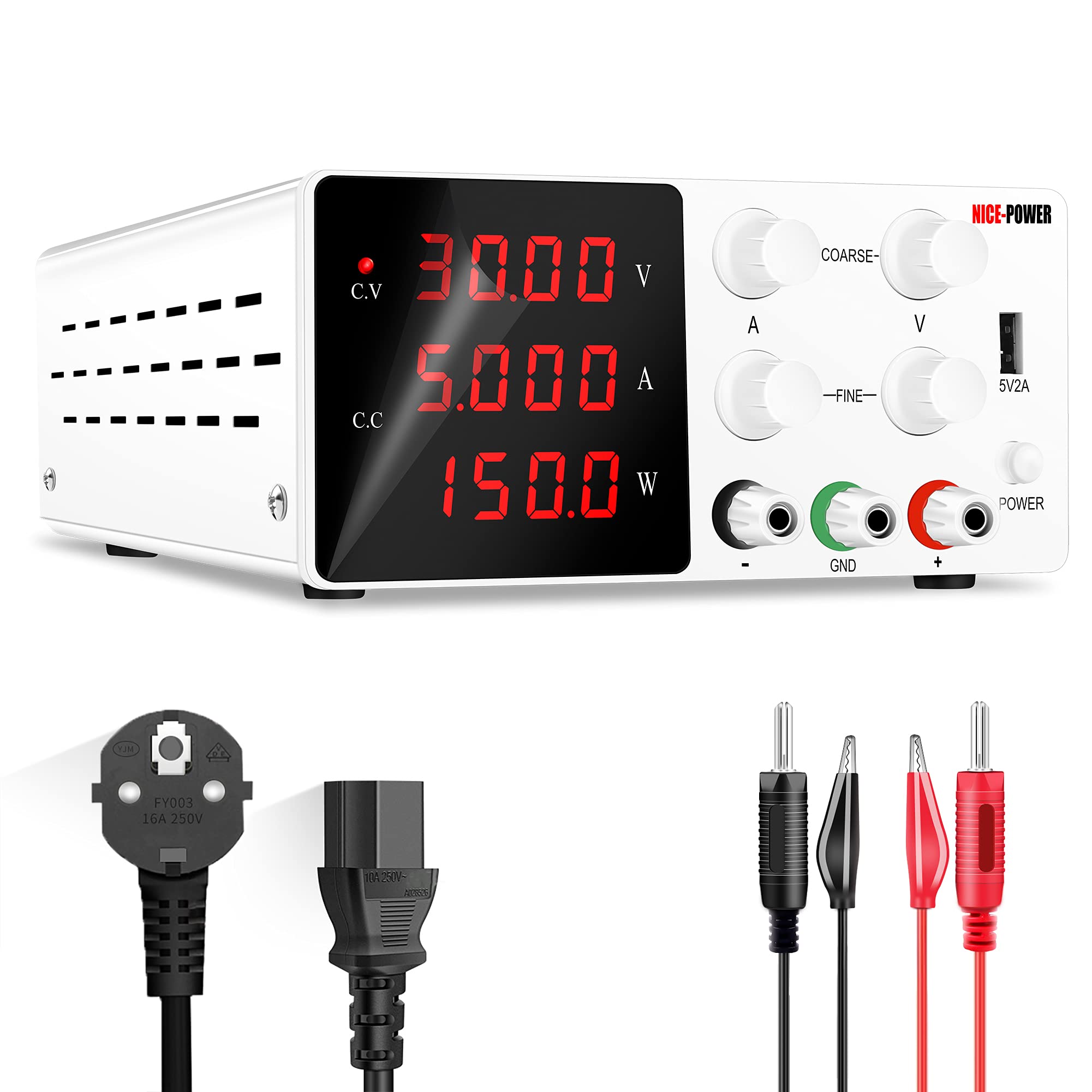 NICE-POWER Adjustable DC Power Supply (0-30V, 0-5A) Variable Switching Regulated High Precision 4-Digits LED Display 5V/2A USB Port Test Lead Output & Input Power Cord Bench Lab Power Supplies