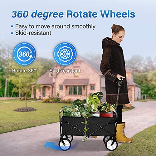 YSSOA Folding Garden Cart PRO, Collapsible Wagon with 360 Degree Swivel Wheels & Adjustable Handle, Black, 220lbs Weight Capacity