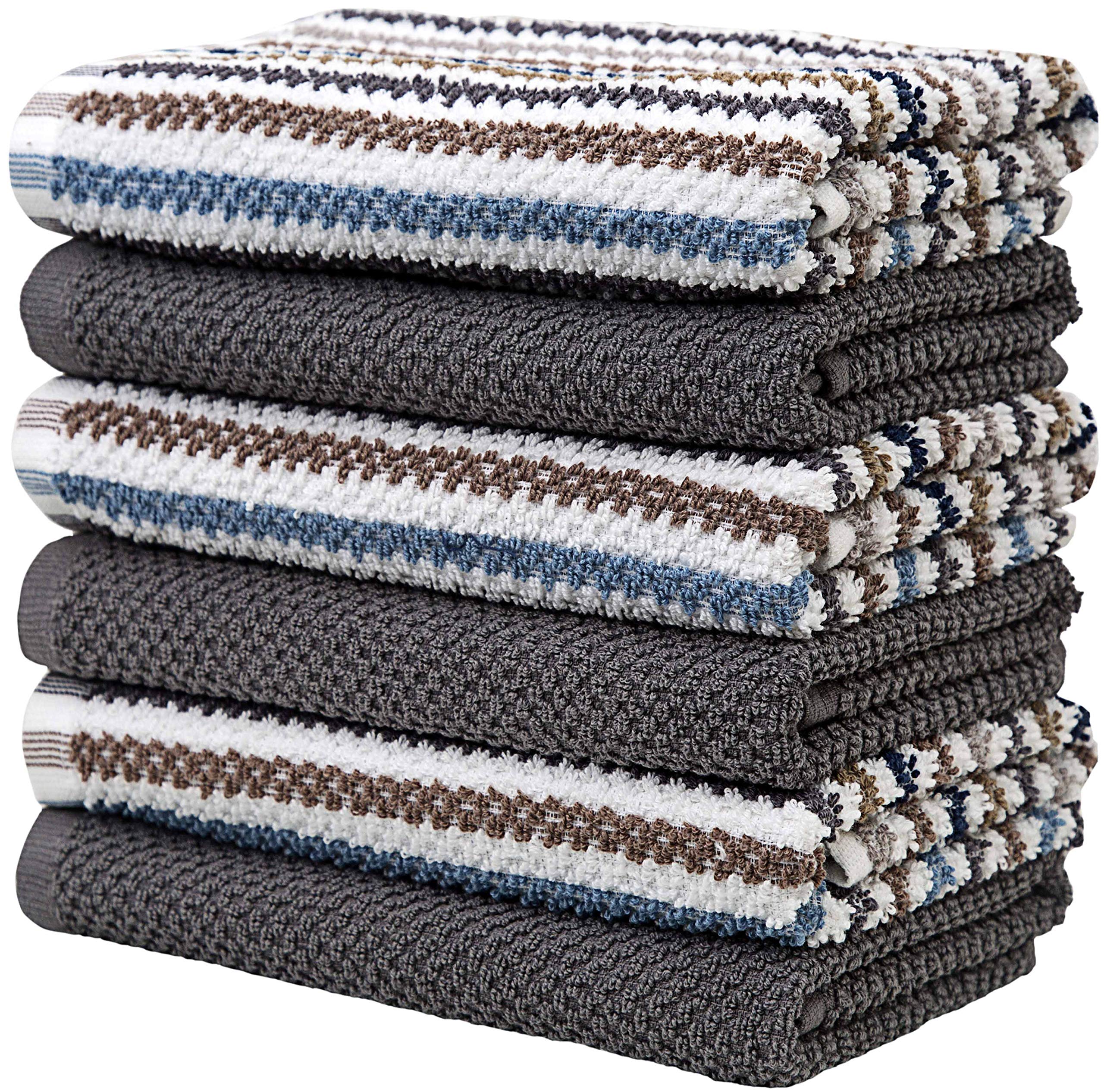 Premium Kitchen Towels (16βx 26β, 6 Pack) | Large Cotton Kitchen Hand Towels | Popcorn Striped Design | Dish Towels | 430 GSM Highly Absorbent Tea Towels Set with Hanging Loop | Gray