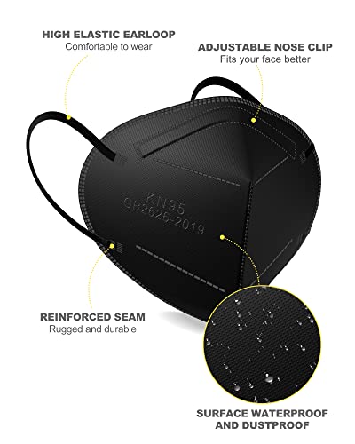YUIKIO KN95 Face Mask,60 Pack Cup Protective Masks,5 Layers Filter Safety Mask Against PM2.5 Disposable KN95 Respirator Masks in Bulk (Black)