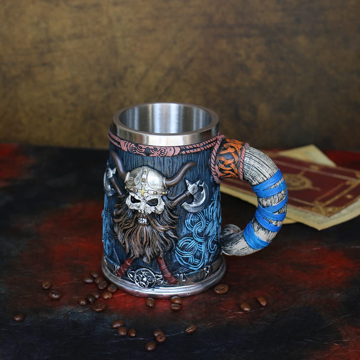 OTARTU Valhalla Viking Stainless Steel Single Handle Horn Skull Beer Stein Cup, Nordic Viking Warrior Skull Mug Tankard 17oz, Halloween Bar Drinkware Men’s Gift