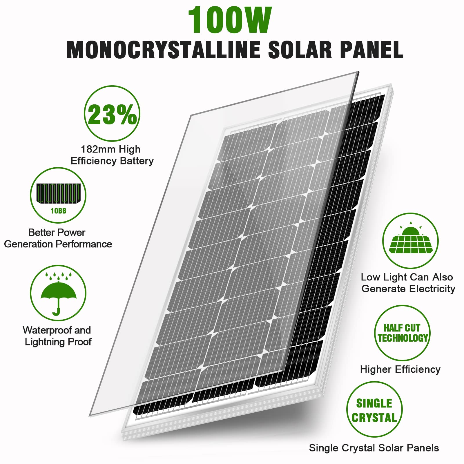 WERCHTAY Solar Panel, 22.8% Monocrystalline Cell High-Efficiency PV Module, 12V Solar Panels for Homes Camping RV Battery Boat Caravan and Other Off-Grid Applications (Solar Panel-509)