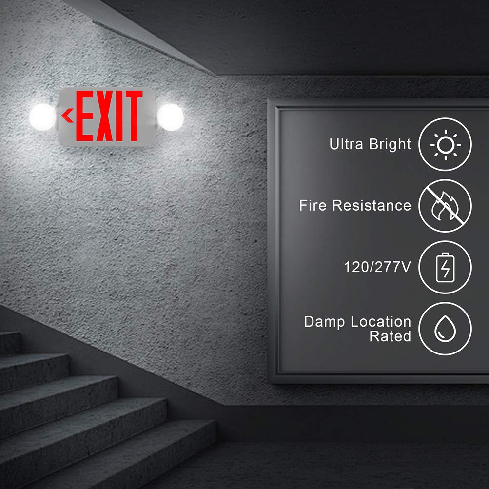 Red Letter Exit Sign Emergency Lights Office Shopping Mall School Exit Sign LED Adjustable Head Emergency Exit Lighting Red Combo Exit Sign Emergency Lights Backup Battery Commercial Grade