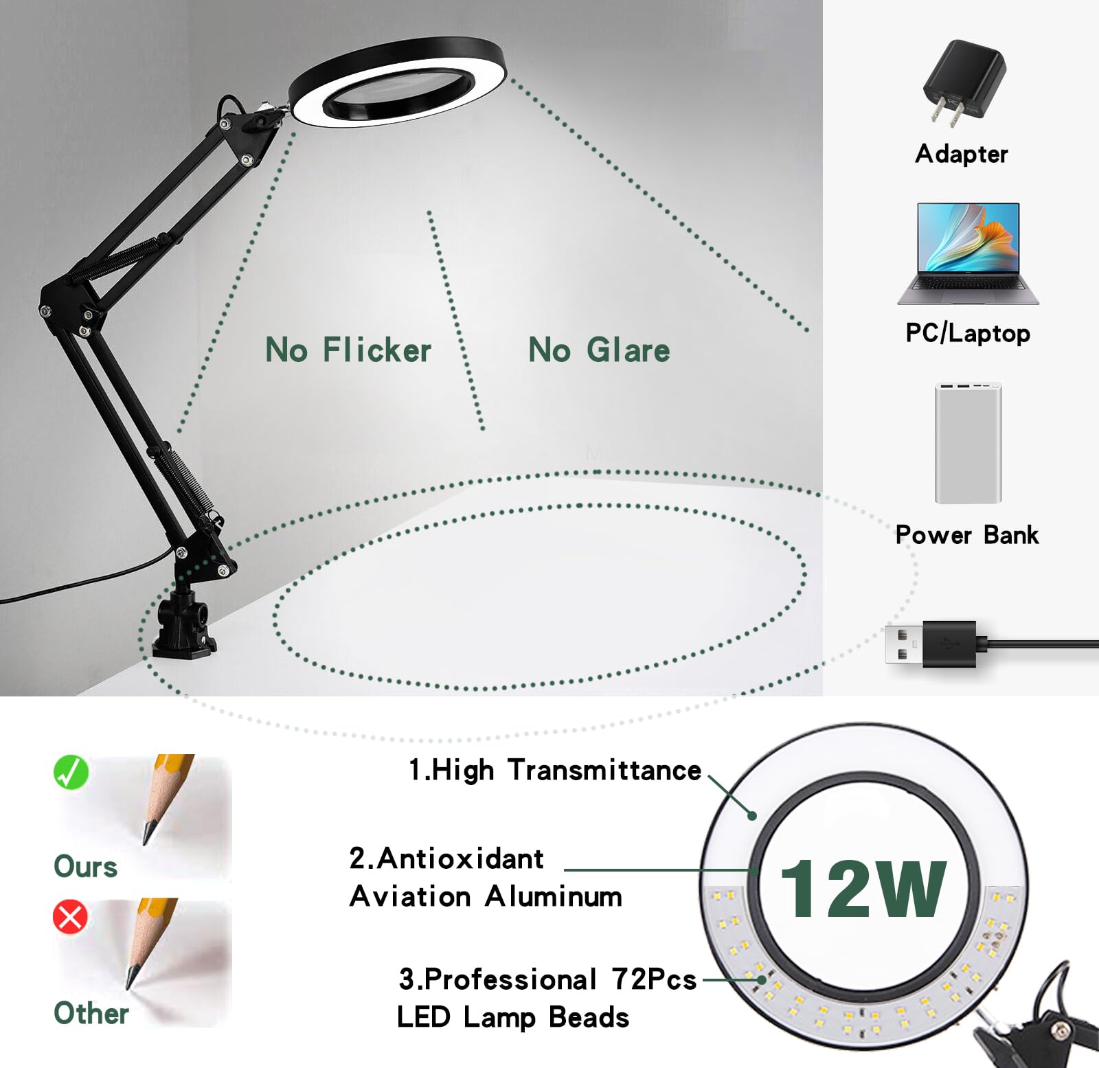 Nerefou Magnifying Glass with Light and Stand, 10X Magnifying Lamp, 2-in-1 Magnifying Desk Lamp with Clamp, 3 Color Mode, Magnifying Glasses with Light for Close Work (1st Generation Base & Clamp)