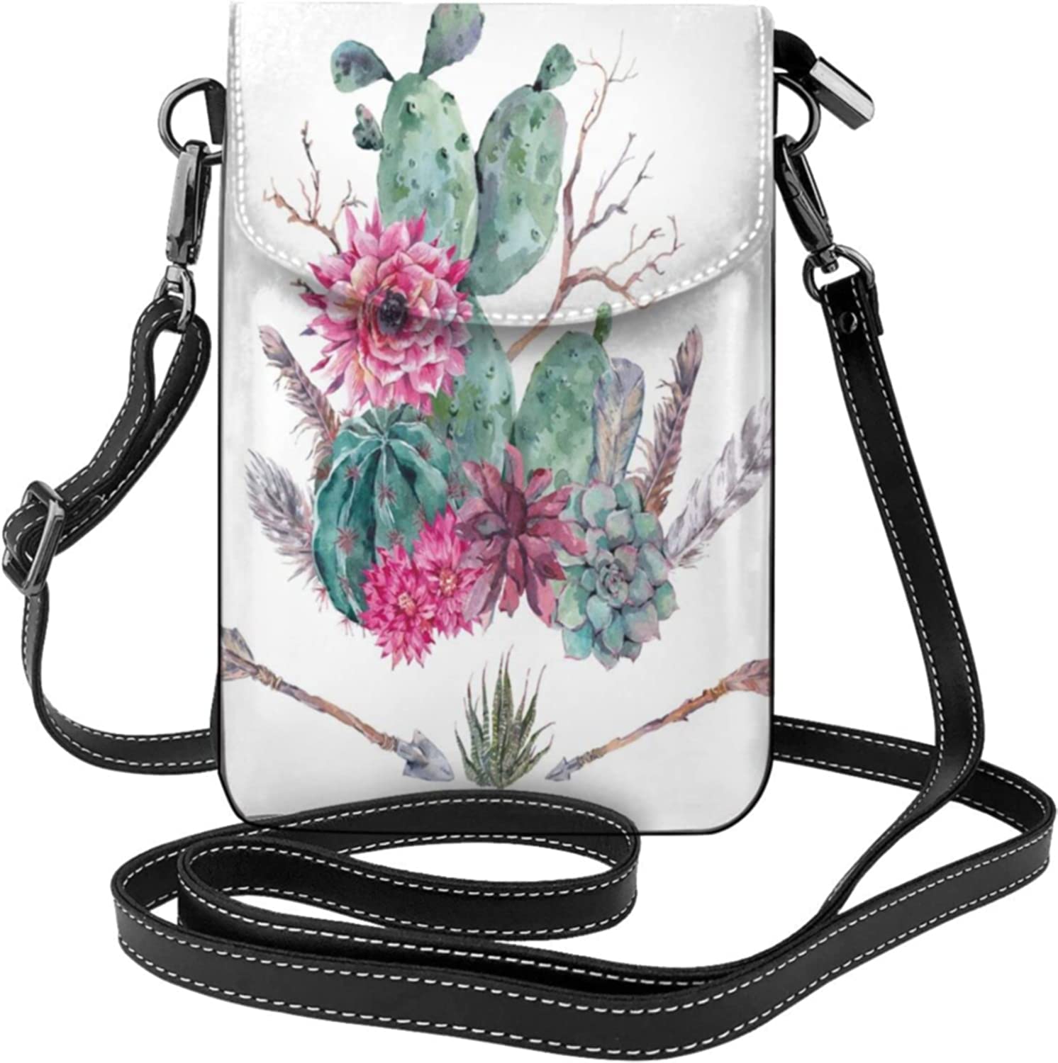 Women Cell Phone Purse Leather Crossbody Bag-Cactus With Boho Style Bouquet Mini Shoulder Bag Card Holder Wallet