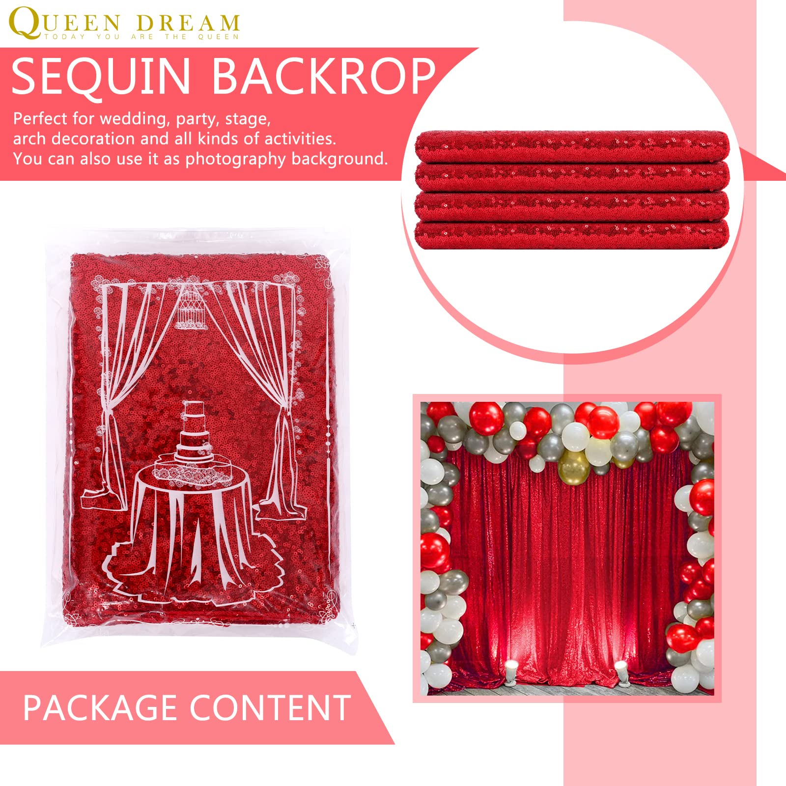 Red Sequin Backdrop 4 Panels 2FTx8FT Christmas Party Backdrop Curtains Photo Background Drapes Glitter Birthday Bridal Backdrop Drapes