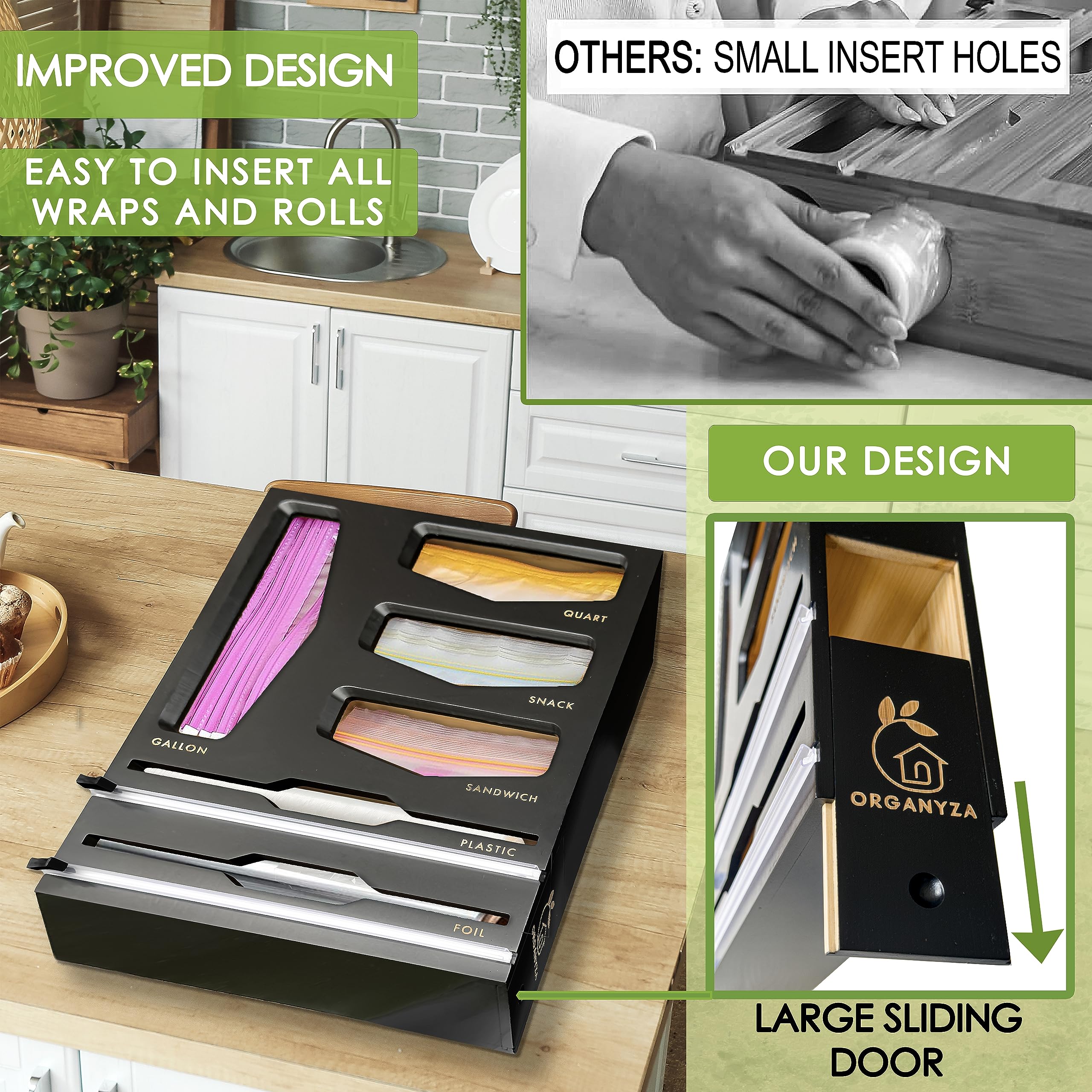 ORGANYZA Ziplock Bag Organizer and Plastic Wrap Dispenser with Cutter-100% Bamboo storage bag organizer 6 In 1 with aluminum foil dispenser, includes 4 Plastic bag dispenser, 2 kitchen wrap organizer.