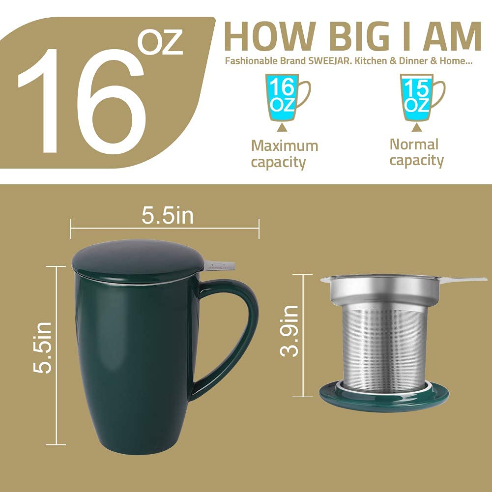 Sweejar Porcelain Tea Mug with Infuser and Lid,Teaware with Filter, Loose Leaf Tea Cup Steeper Maker, 16 Fl Oz for Tea/Coffee/Milk/Women/Office/Home/Gift (Steel Blue)