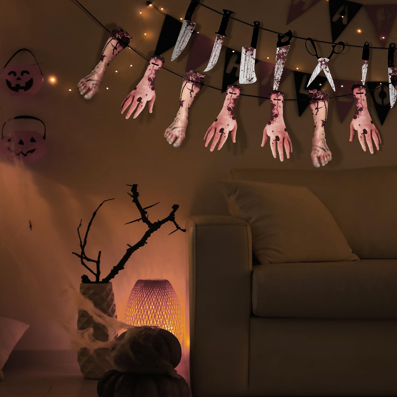 Outus 6 Sets Halloween Garland Banner, Include 48 Garland and 16 Fake Scary Broken Hands and Feet Hanging Decor, Halloween Party Decoration Scary Banner Supplies