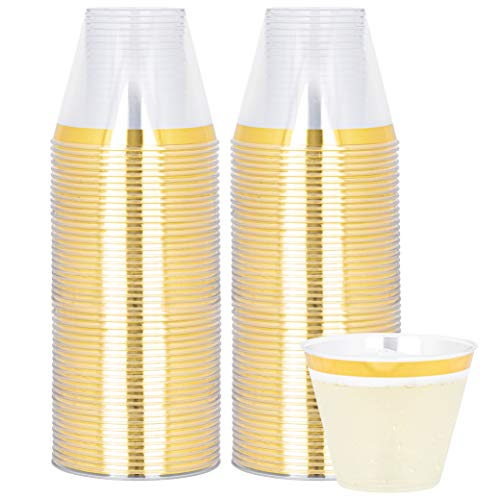 PLASTICPRO 9 oz Disposable Plastic Party Cups,Old fashioned Designed Tumblers, With gold Rim 100 Count, Crystal Clear