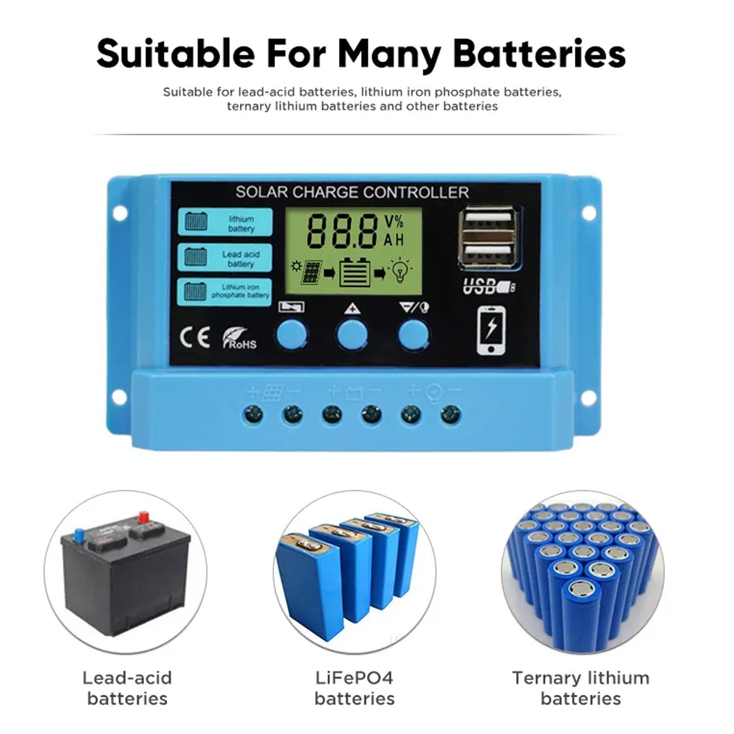 Peidesi PWM Solar Charge Controller 30A 12V 24V PV Regulator with LCD Display for 100W 200W 300W Solar Panel Controllers, for Lithium Iron Phosphate/Lead Acid/Lithium Battery
