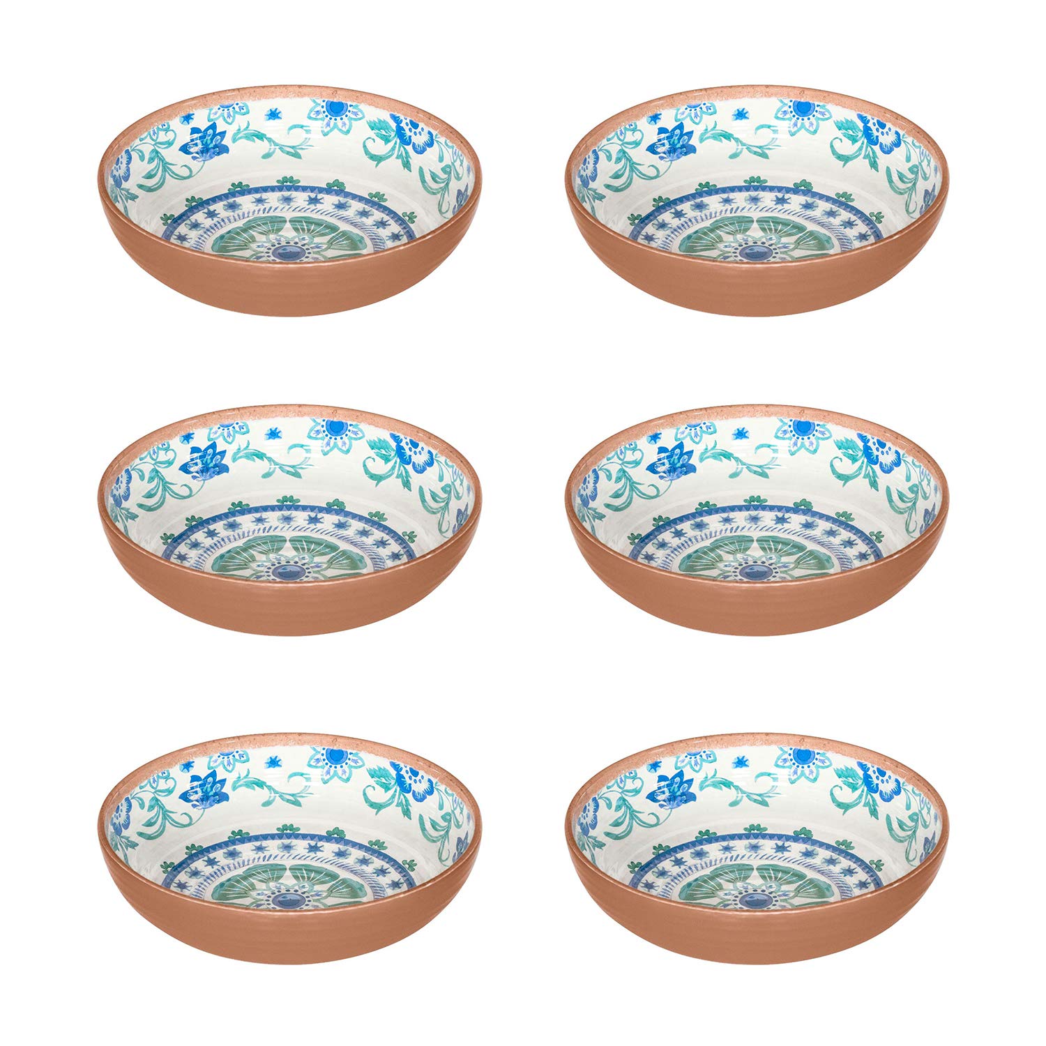 TarHong Rio Turquoise Floral Bowl, 8" x 2.2", 43.3 oz, Melamine, Set of 6