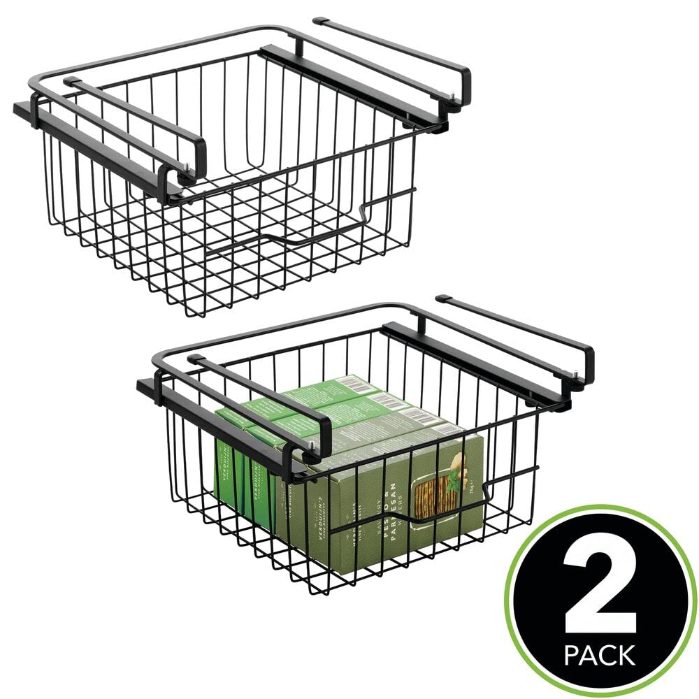 mDesign Compact Hanging Pullout Drawer Basket - Sliding Under Shelf Storage Organizer - Metal Wire - Attaches to Shelving - Easy Install - for Kitchen, Pantry, Cabinet - White