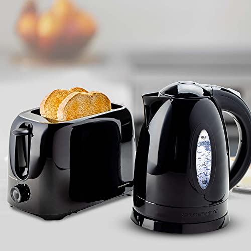 OVENTE Electric Kettle + 2-Slice Toaster Combo, 1.7L Hot Water Boiler with Auto Shut-Off and Boil Dry Protection, Toasting Machine with 6-Shade Settings and Removable Crumb Tray, Black KP72B + TP2210B