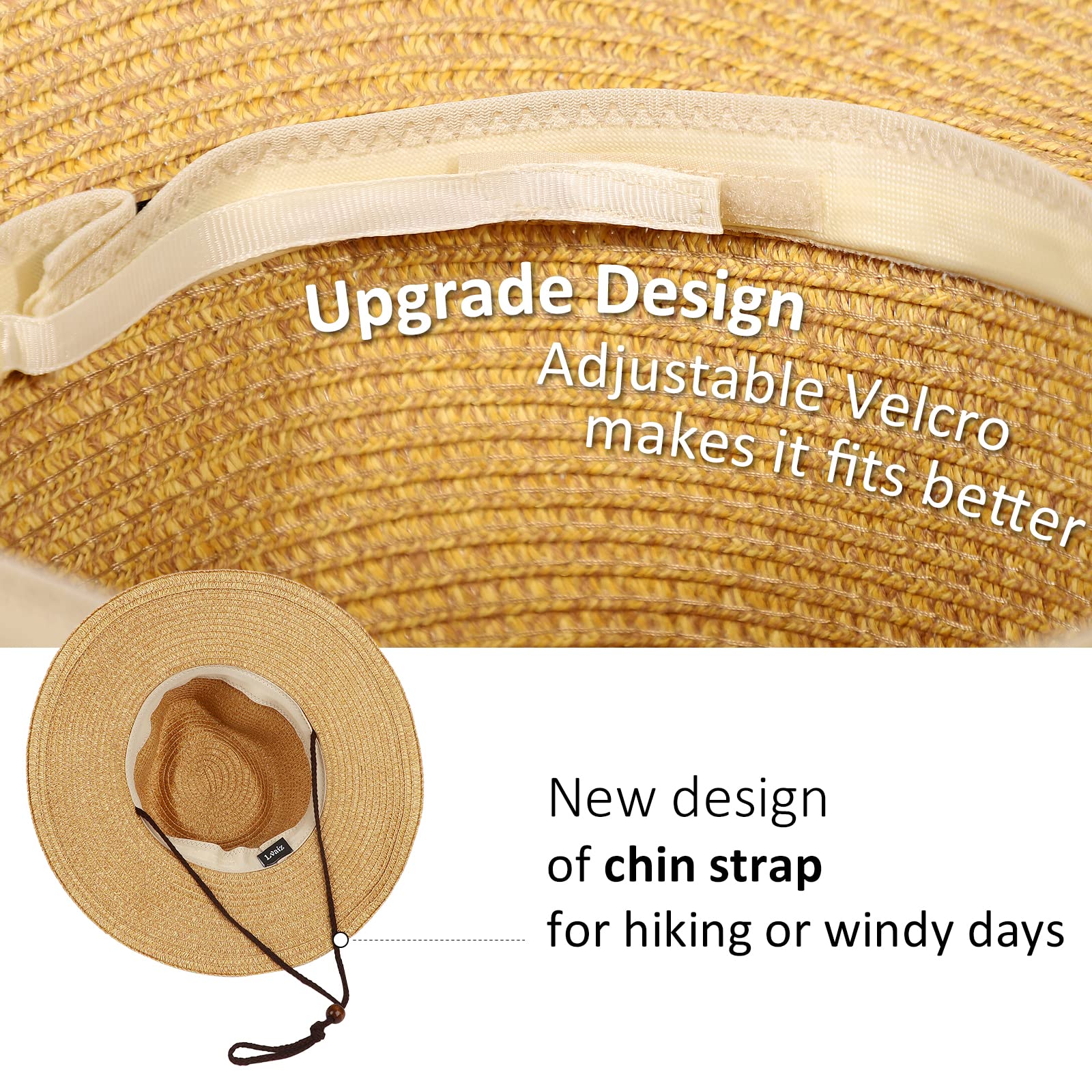 Women Straw Sun Hat Mens Cowboy Western Hat Garden UPF 50+ Shapeable Wide Brim Summer Hat Khaki