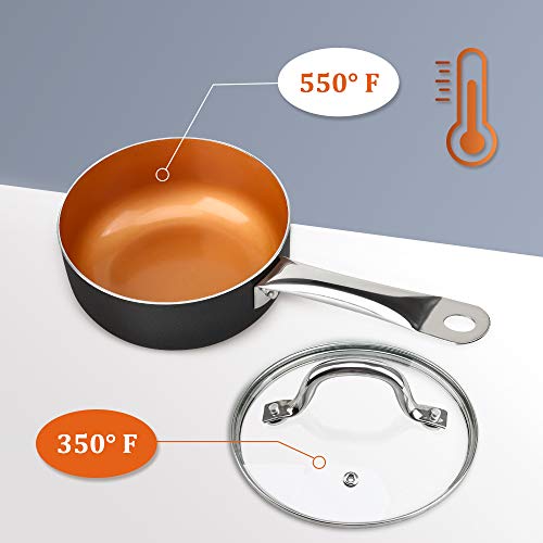 SHINEURI 5 Pieces Copper Cookware Copper Pans and Pot Nonstick Pot and Pans Copper Nonstick Cookware, Ceramic Pot and Pans, Copper Pot - 8 inch Pan, 9.5 inch Frying Pan and 2.5 qt Pot with Lid