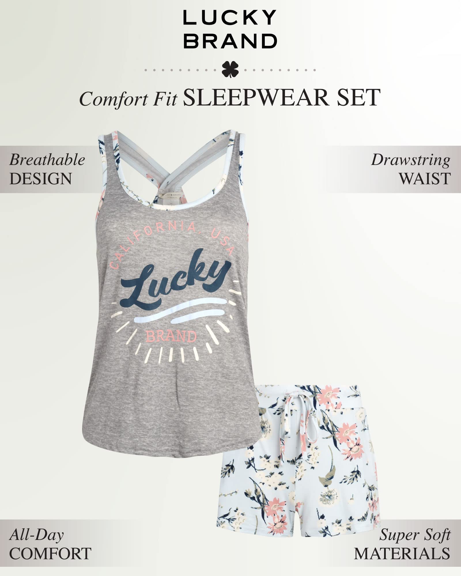 Lucky Brand Women's Pajama Set - 2 Piece Cross Back Tank Top and Sleep Shorts (S-XL), Size Large, GreyNanette Floral