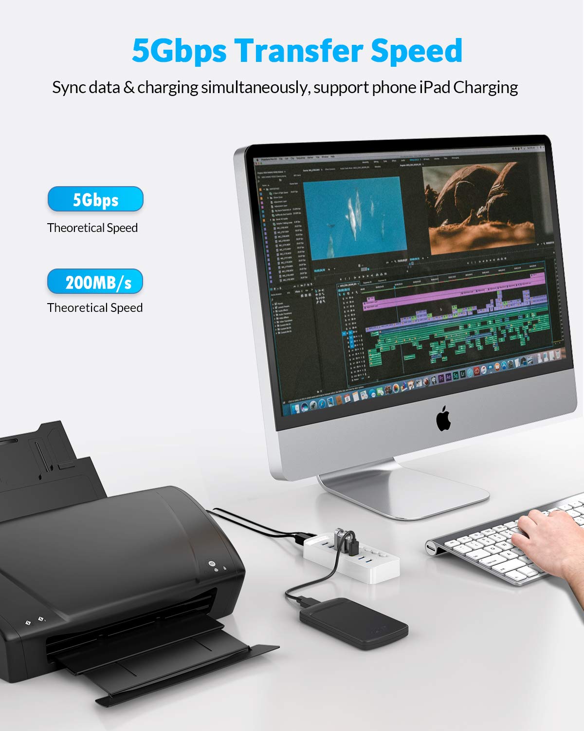 ORICO Powered USB Hub 3.0, 7 Ports USB Charger Hub Splitter with 12V/2A AC Adapter, Individual On/Off Switches for Desktop Computer, PC, iMac, Mobile HDD, Flash Drive