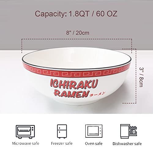 shiningsoul 4 PCS 一樂 Ramen Bowl Set - 60 OZ/ 1.8 QT Large Ceramic Bowls + Wooden Spoon & Chopsticks + Bowl Mat - 8" Big Salad Bowl, Dishwasher & Microwave Safe - Great Gift Idea For Anime Fans