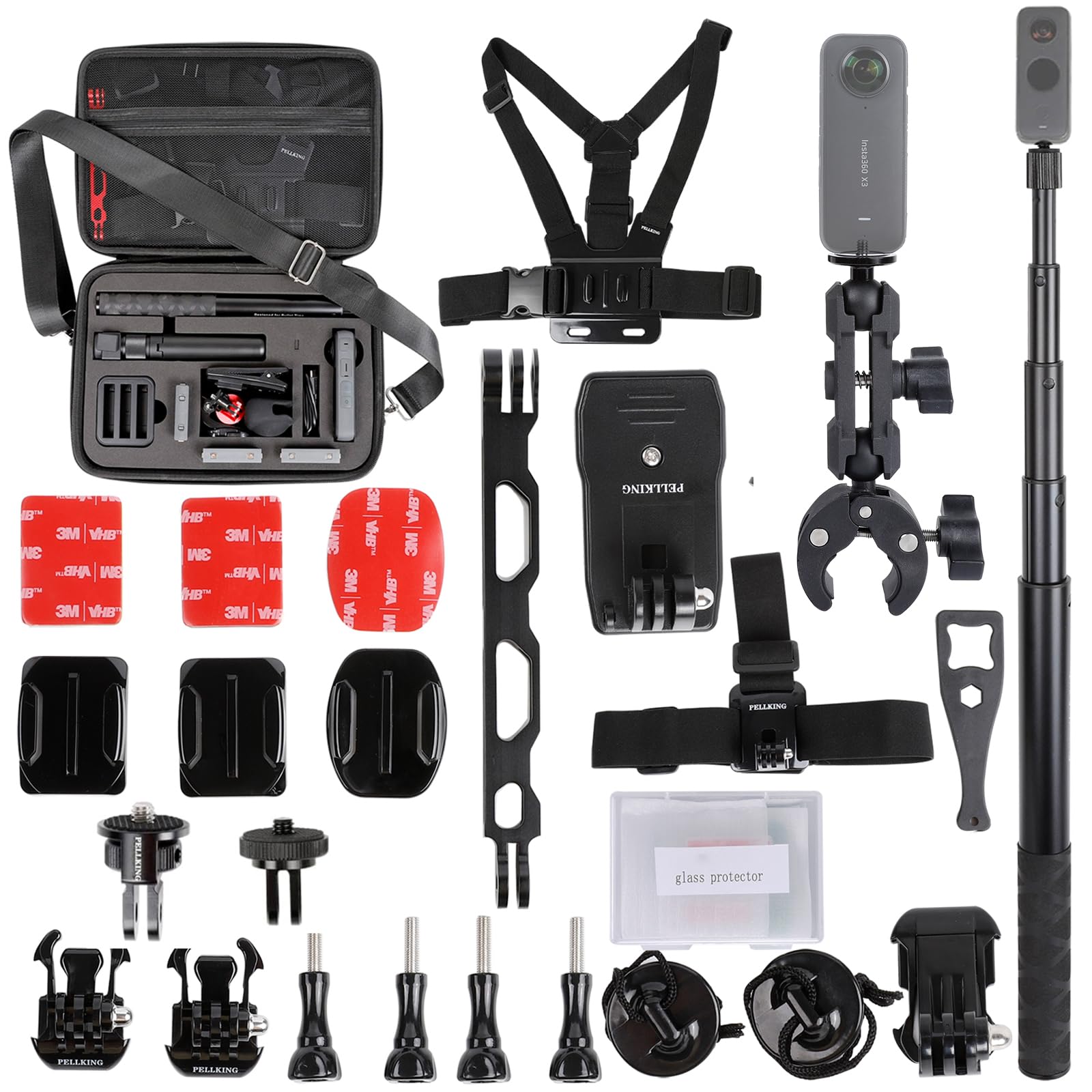 PellKing Motocycle Bike Accessory Bundle for Insta360 ONE X3/X2,Carrying Case with Shoulder Belt,Selfie Stick,Chest Strap,Head Strap,Backpack Clip,Handlebars Mount,Helmet Mount,Screen Protector