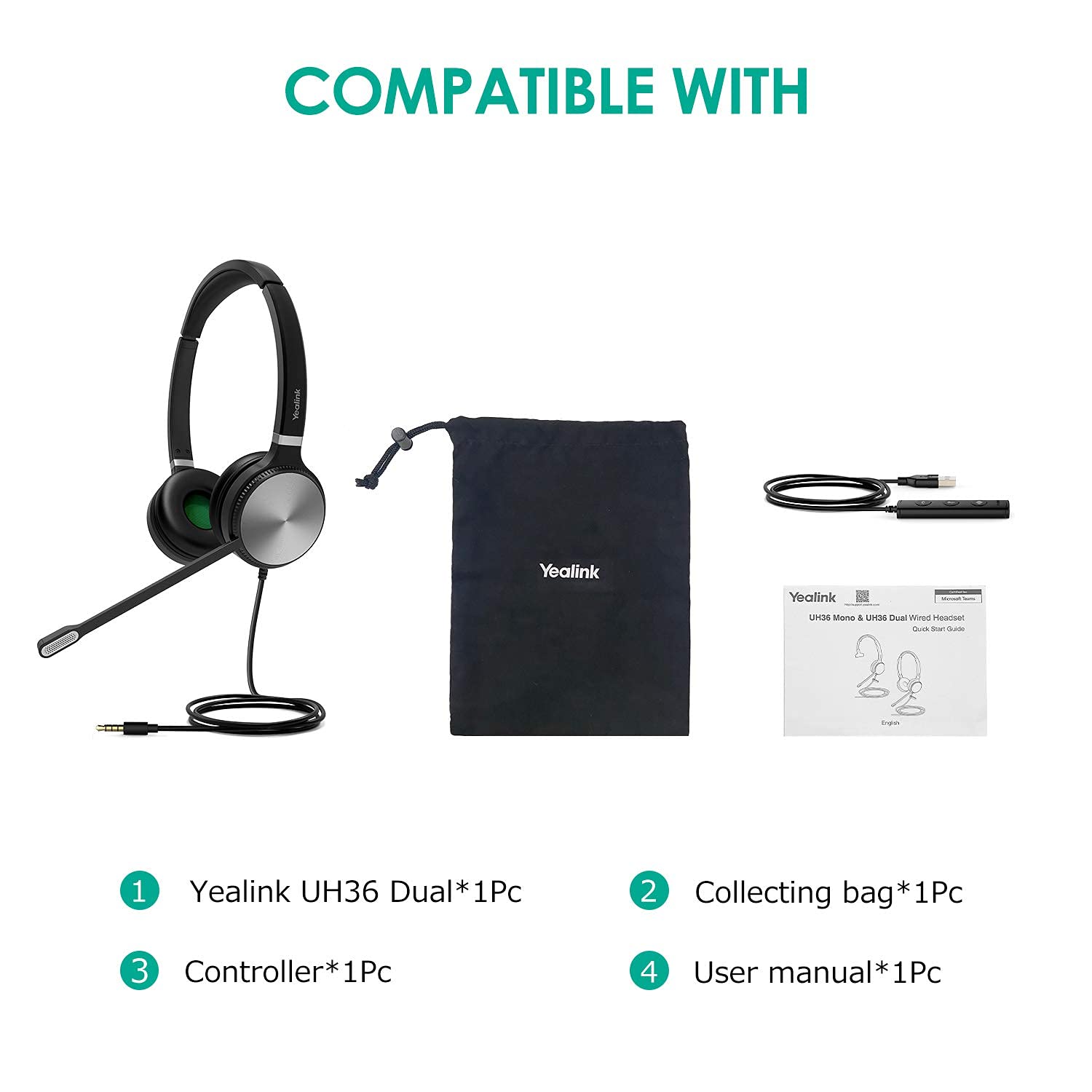 Yealink UH36 Professional Wired Headset - Telephone Headphones for Calls and Music, Noise Cancelling Headset with Mic for Computer PC Laptop(for Teams Optimized, Stereo,3.5mm Jack/USB Connection)