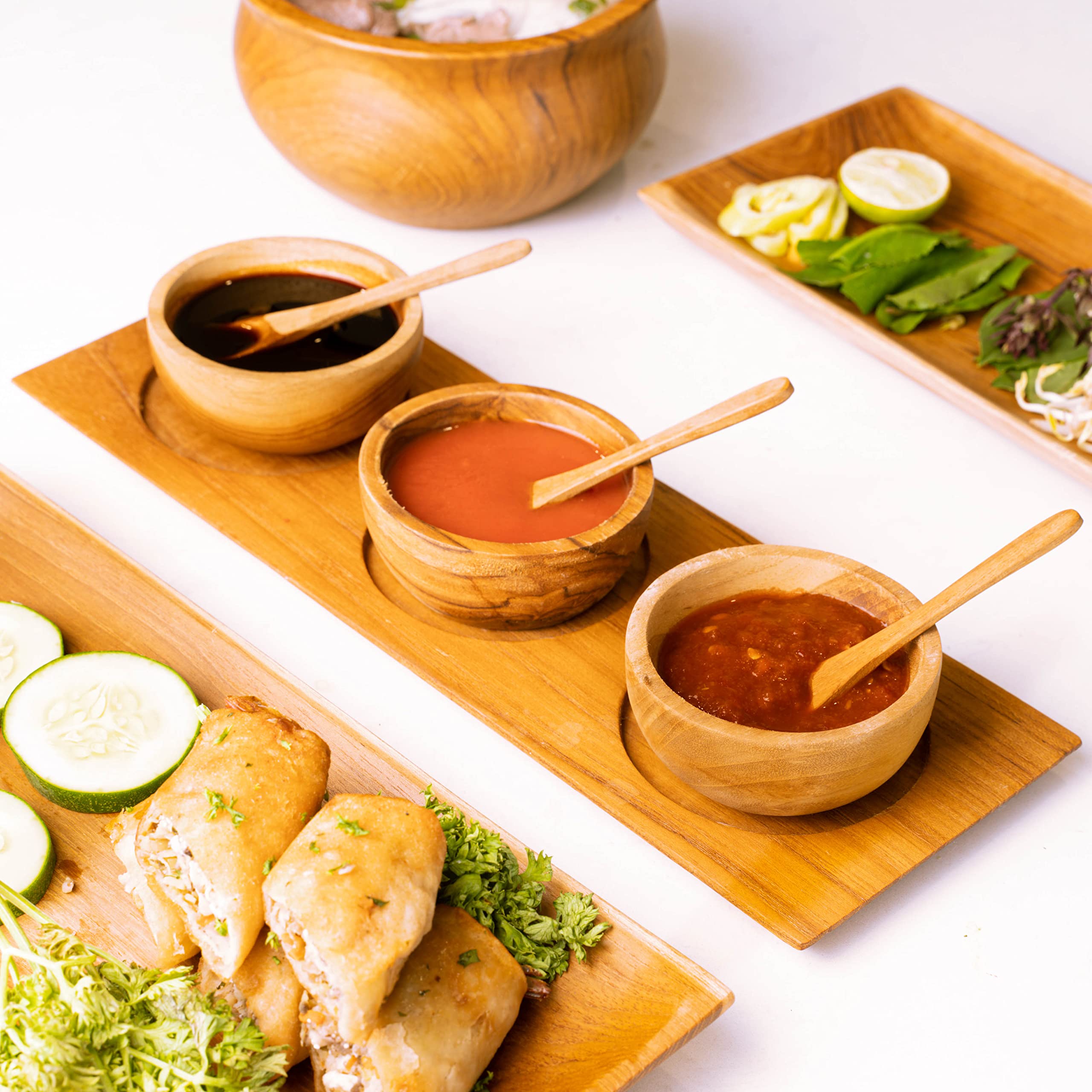 Rainforest Bowls Set of 3 Javanese Teak Wood Condiment Dipping Bowls w/Tray & 3 Spoons- Hot & Cold Friendly, Ultra-Durable - Exclusive Luxury Custom Design Handcrafted by Indonesian Artisans