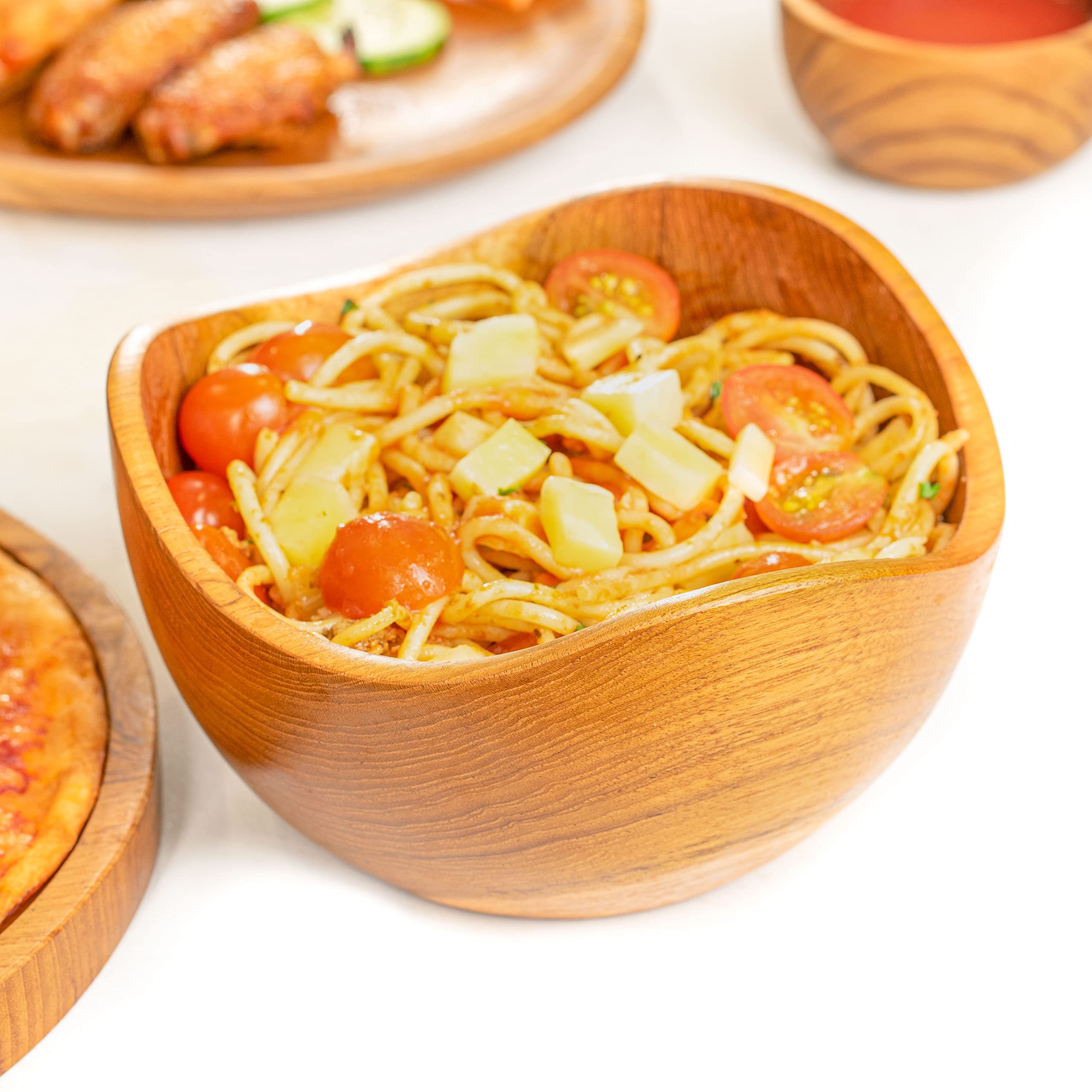 Rainforest Bowls Set of 2 6.5" Wavy Javanese Teak Wood Bowls- Perfect for Daily Use, Hot & Cold Friendly, Ultra-Durable- Exclusive Luxury Custom Design Handcrafted by Indonesian Artisans