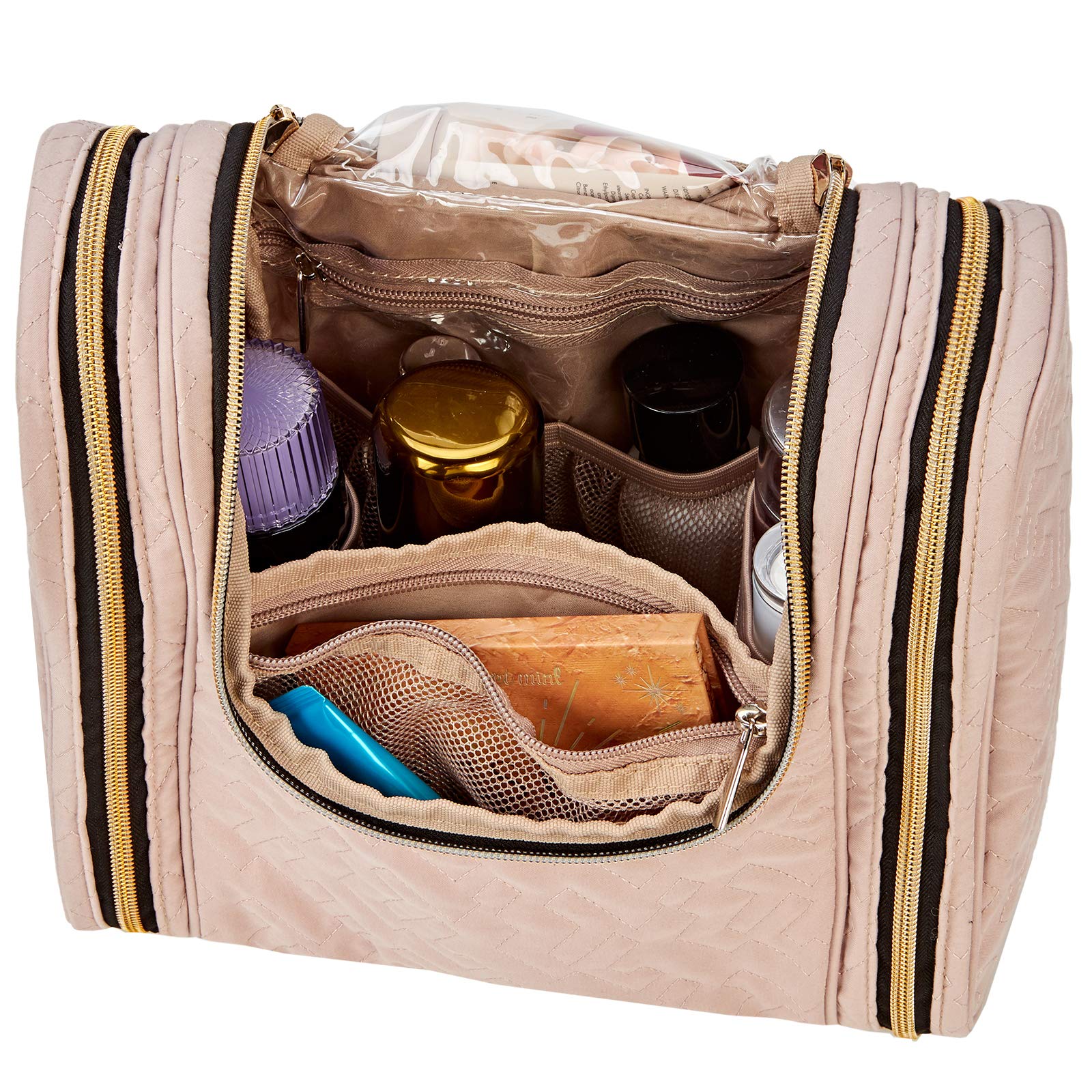 NISHEL Hanging Travel Toiletry Bag Organizer, Shower Dopp Kit, Makeup Cosmetic Case for Bathroom, Pink