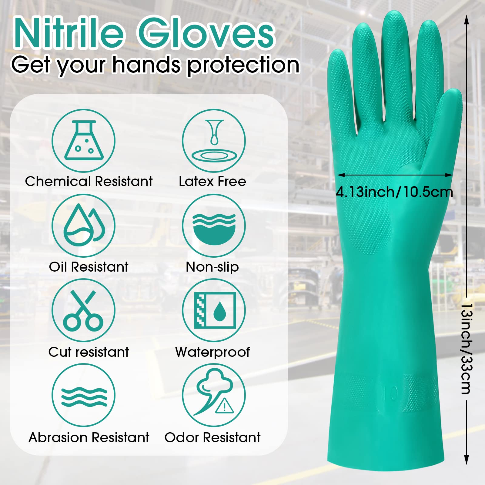 Potchen 20 Pairs Chemical Resistant Gloves Heavy Duty Nitrile Gloves Thick Work Cleaning Resist Household Acid, Alkali Gloves (X-Large)