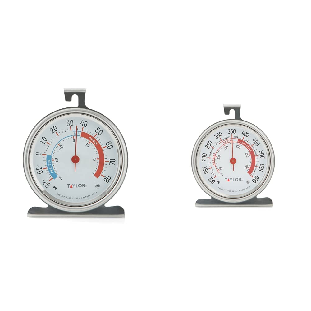 Taylor Precision Products 5924 Large Dial Kitchen Refrigerator and Freezer Kitchen Thermometer, 3 Inch Dial,Silver & 5932 Large Dial Kitchen Cooking Oven Thermometer, 3.25 Inch Dial, Stainless Steel