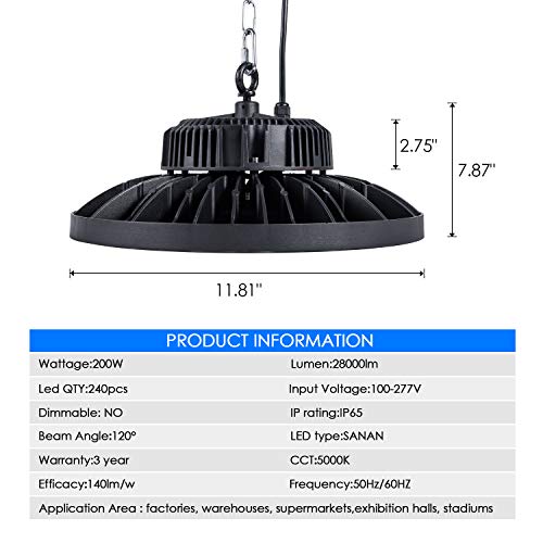 PLUSOVER LED High Bay Light 200W High Bay Light with Bright Lighting 28000LM(140LM/W) 5000K Daylight Black Waterproof UL Plug Fixture for Barn Garage Warehouse Gym