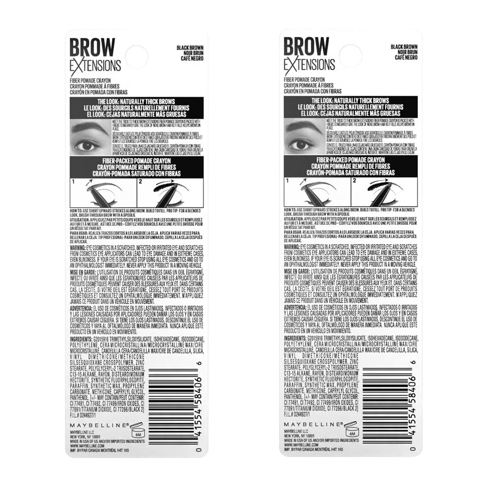 Pack of 2 Maybelline New York Brow Extensions Fiber Pomade Crayon Eyebrow Makeup, Black Brown # 262