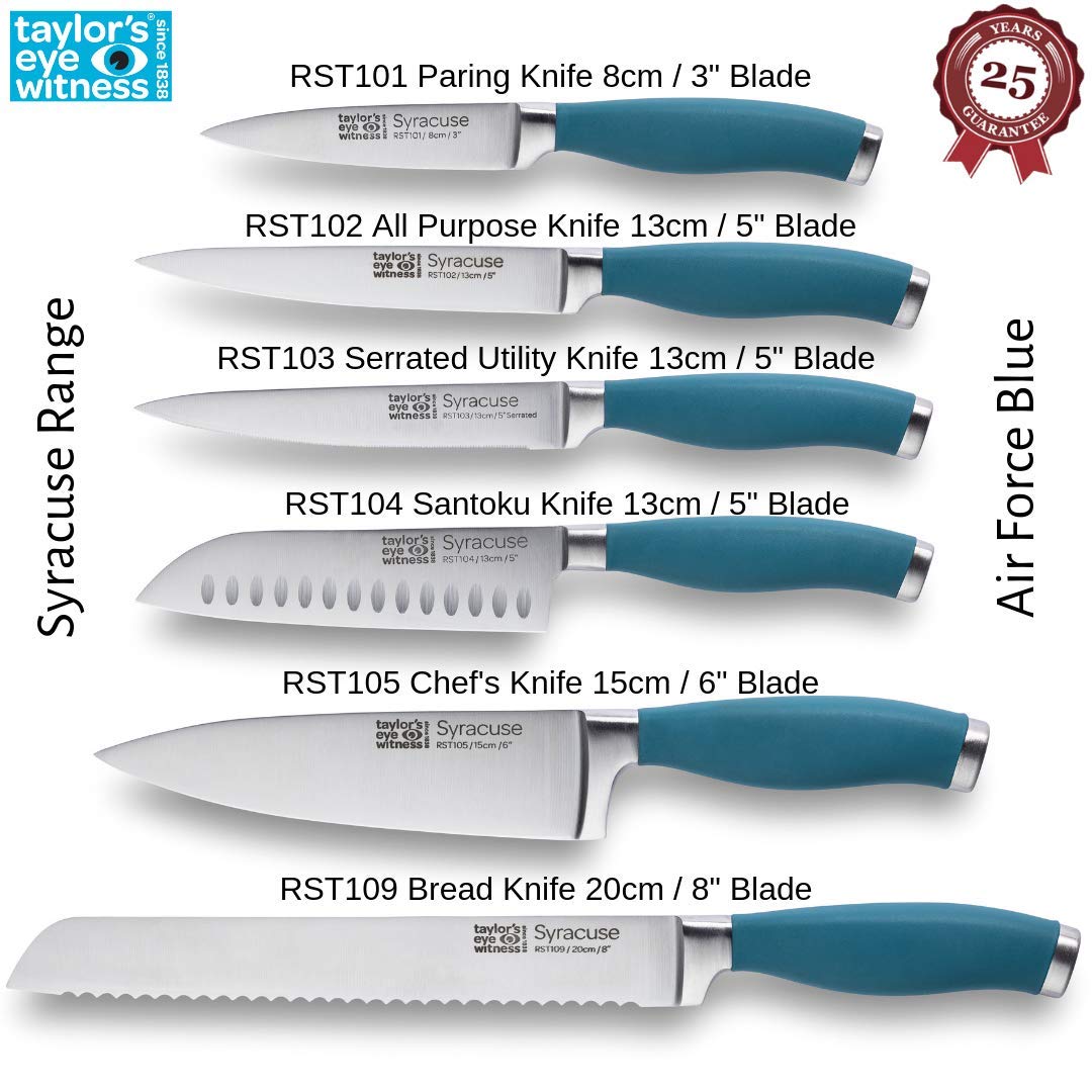 Taylors Eye Witness Syracuse Asian Kitchen Knife Set - Chefs Santoku 13cm/5β & Cooks All Purpose 13cm/5β Cutting Edge, Multi Use. Ultra Fine, Razor Sharp Blade. Soft Grip Air Force Blue handle.