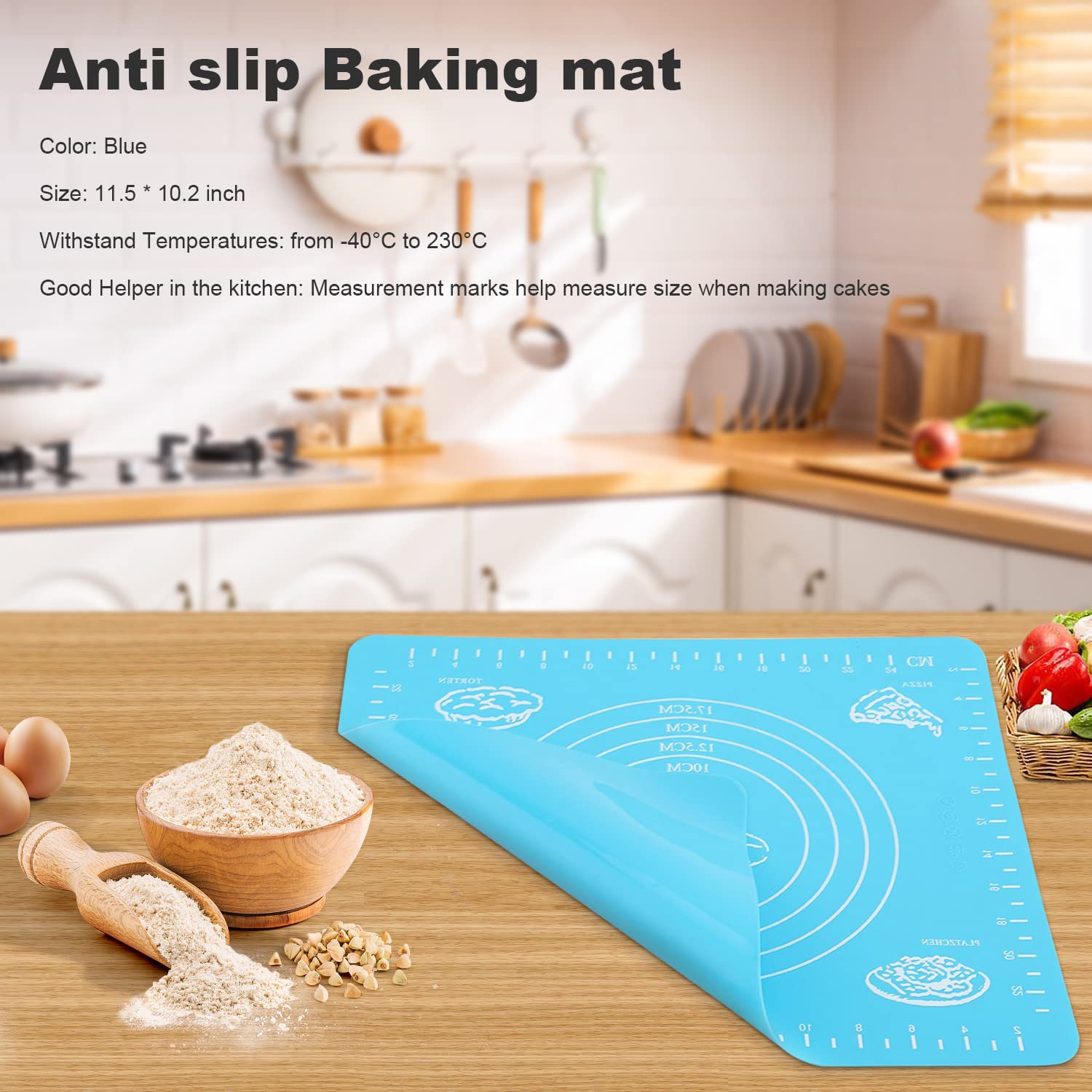 Silicone Baking Mat Non Slip Pastry Mat, Baking Mat 11" x 10'' for Counter, Oven Liner, Pie Crust, Reusable Fondant Mat Extra Thick with Measurement