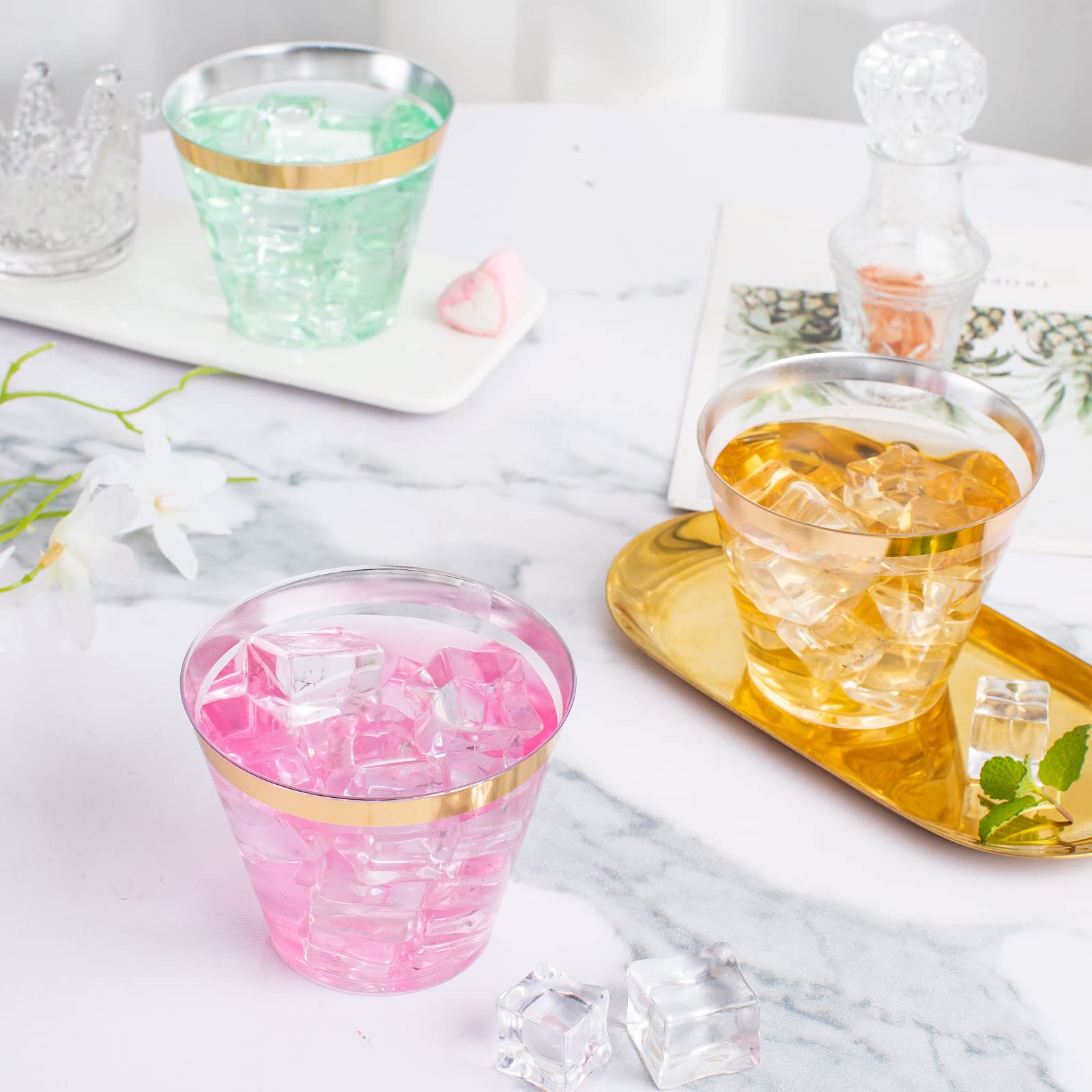 LUODA 150 PACK Gold Rimmed Plastic Cups - 9OZ Disposable Plastic Cups Tumblers, Clear Fancy Weddings Cups, Elegant Party Cups with Gold Rim