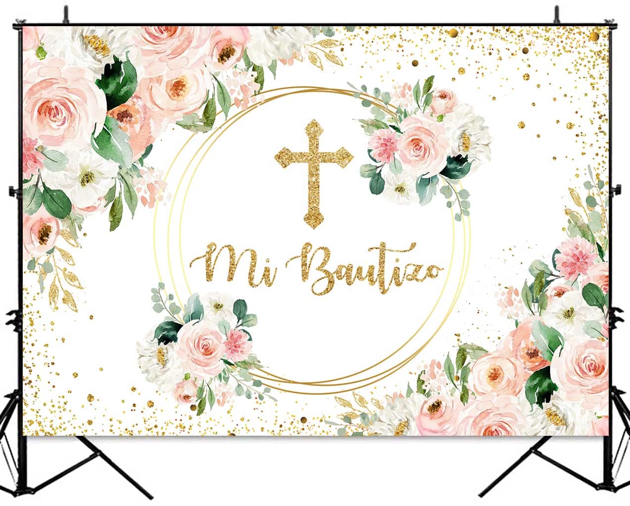 Sensfun Mi Bautizo Backdrop Gold Bless Spanish Baptism Girl First Holy Communion Party Decorations Pink Floral Gold Glitter Background Christening Newborn Photo Studio Booth Props 7x5ft