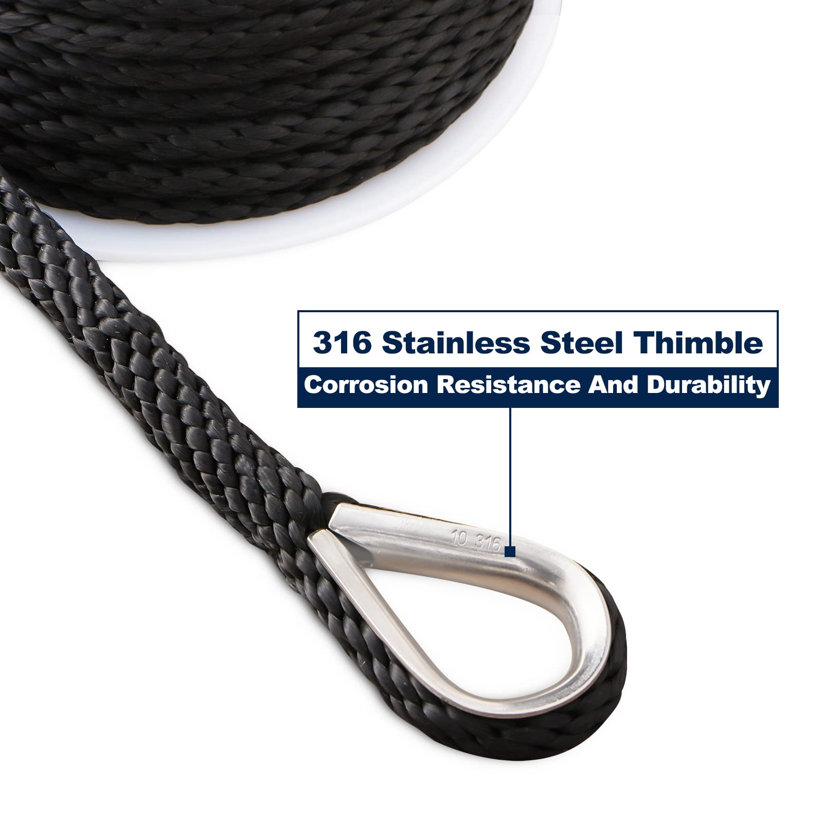 TetherTite Anchor line 3/8 Inch 100 Feet, Premium White Solid Braided MFP Boat Anchor Rope with Stainless Steel Thimble (3/8" x 100', Black)