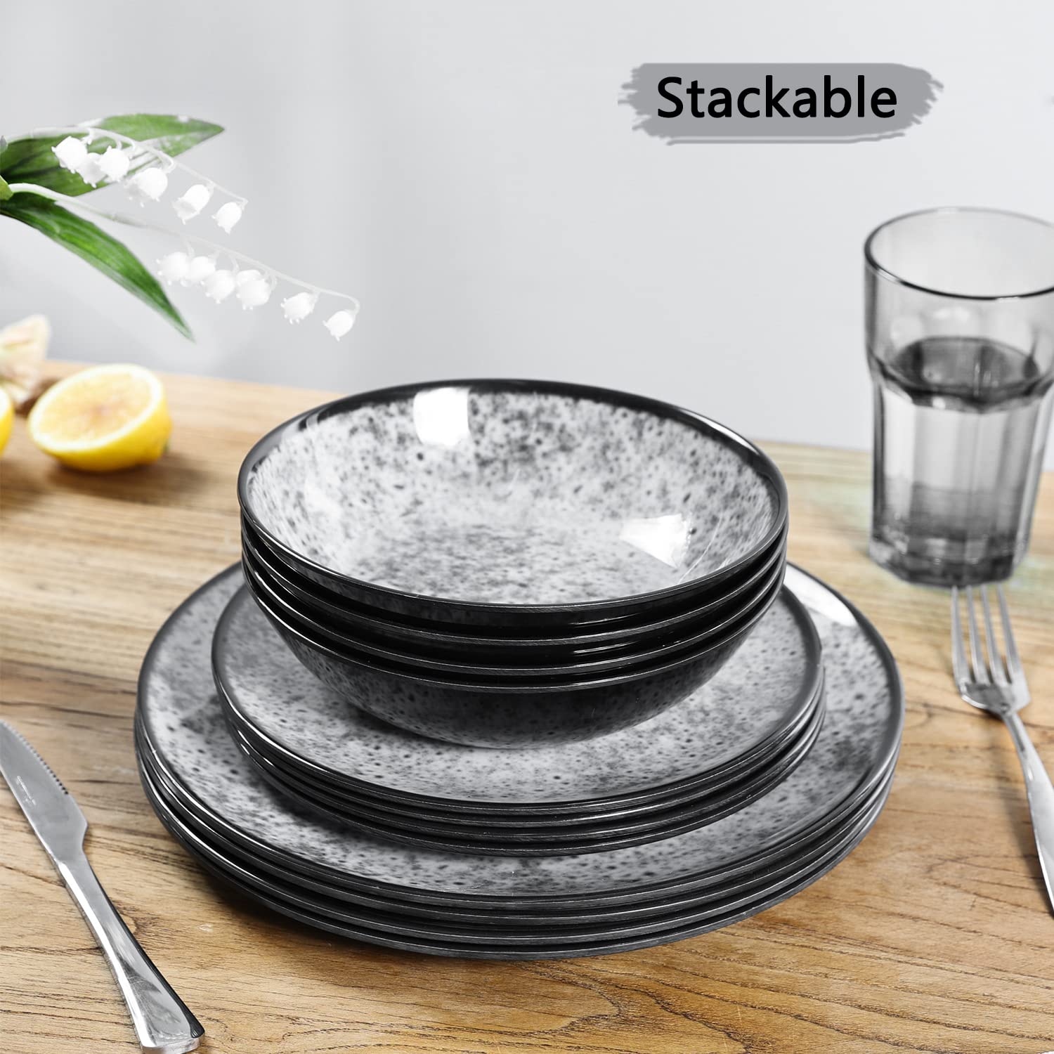 Melamine Dinnerware Set of 12 Pcs-Melamine Plates and Bowls Set for Indoor and Outdoor Use, BPA Free Dishwasher Safe, Lightweight Unbreakable(Glazed Grey)