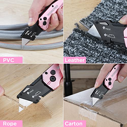 WORKPRO Folding Utility Knife, Quick Change SK5 Pink Box Cutter, Aluminum Handle Razor Knife for Boxes, Cartons, Cardboard, 10 Extra Blades Included - Pink Ribbon