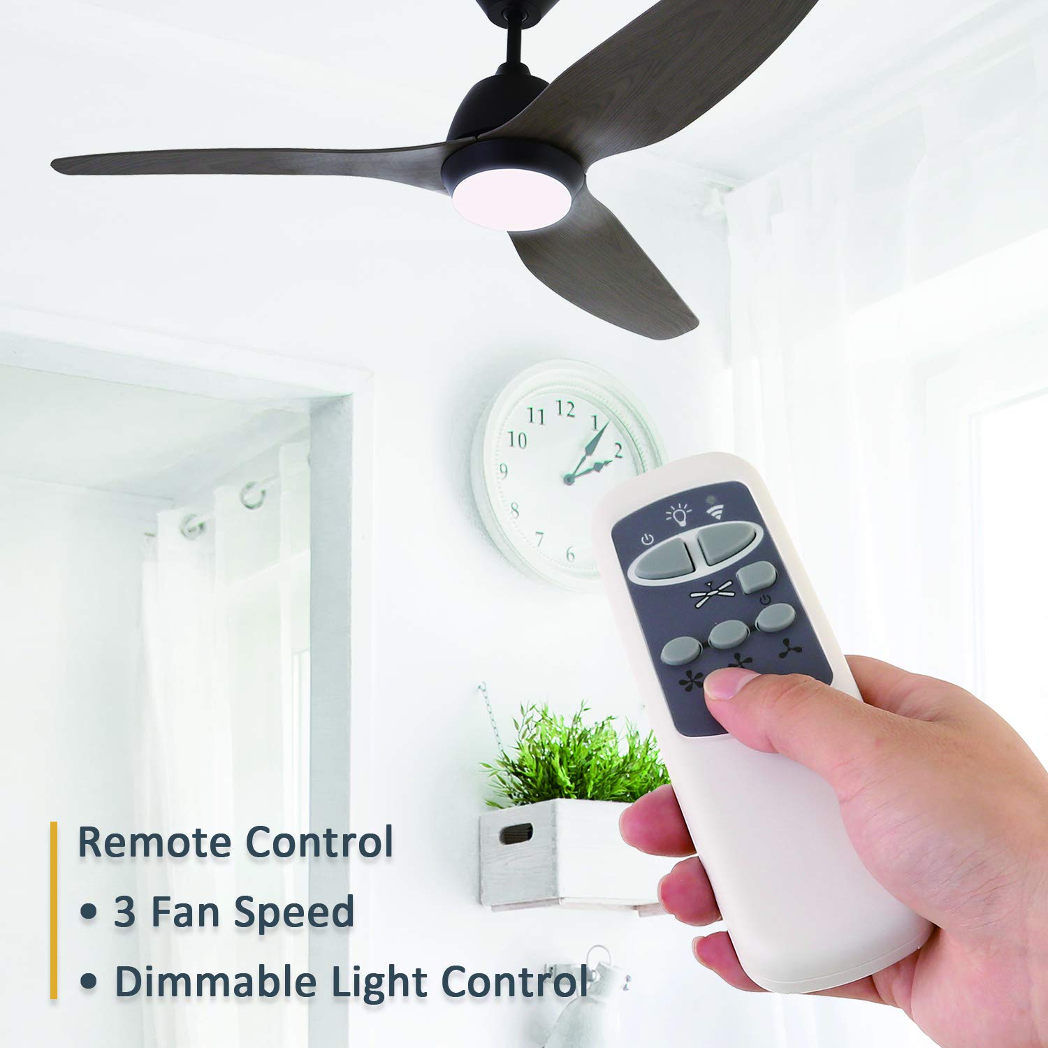 Nocolliny Modern Ceiling Fan 52" with Light, Dimmable LED, Farmhouse Style Propeller 3-Blade with Reversible Motor, Remote Control