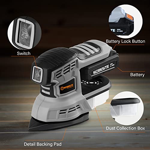 WORKSITE 20V MAX Cordless Random Orbital Sander & Detail Sander, Multi-Purpose Hand Sander w/2.0A Battery & Charger, 20pcs Sanding Discs, Dust Collector and Mouse Pad
