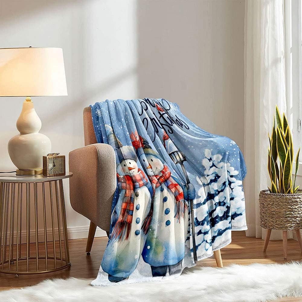 LUVIVIHOME Cute Snowman Throw Blanket, Blue Blanket, Kids Blanket, Red Cardinal Birds Winter Holiday Christmas Blanket, Cozy Warm Lightweight Soft Fuzzy Flannel Fleece Blanket for Couch, Sofa, 30"x40"