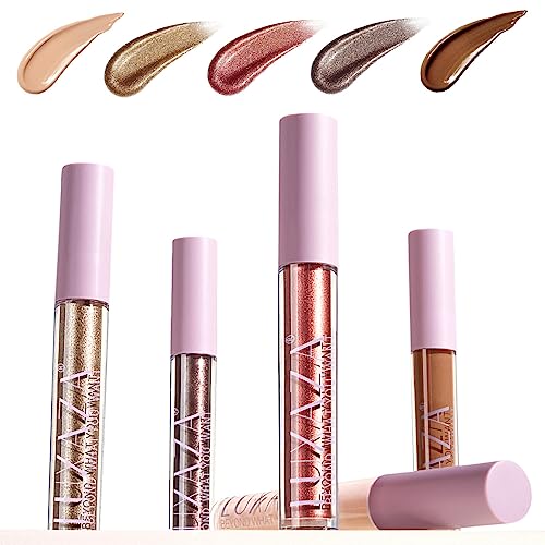 LUXAZA Neutral Brown Liquid Eyeshadow Set, 5Pcs - Long Lasting, Highly Pigmented, Quick-Drying Sparkling Eye Shadow Makeup, Multi-Use, Travel Friendly