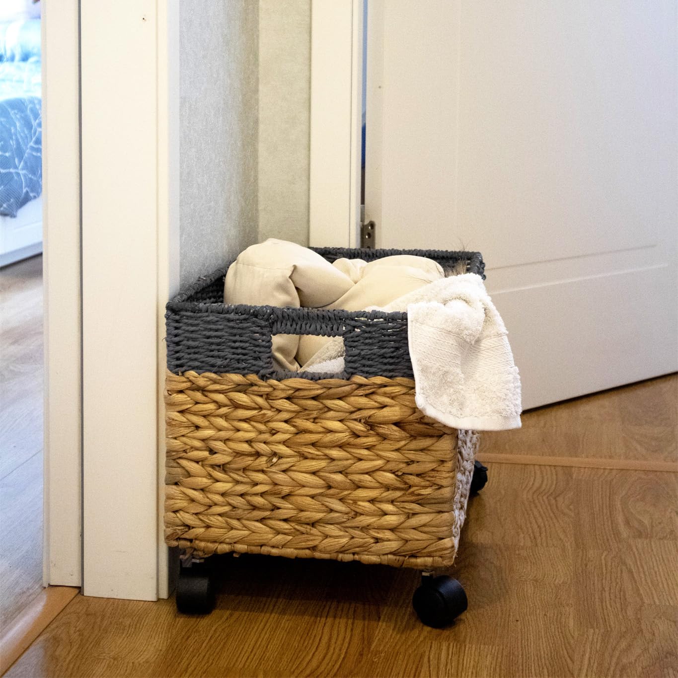 PEMAR Set 2 (different sizes nesting in a set) Natural Wicker Rolling Storage Baskets on Wheels w Insert Handle, Under Table Under Desk Storage Bins, Mobile File Cabinet Organiser. Water Hyacinth
