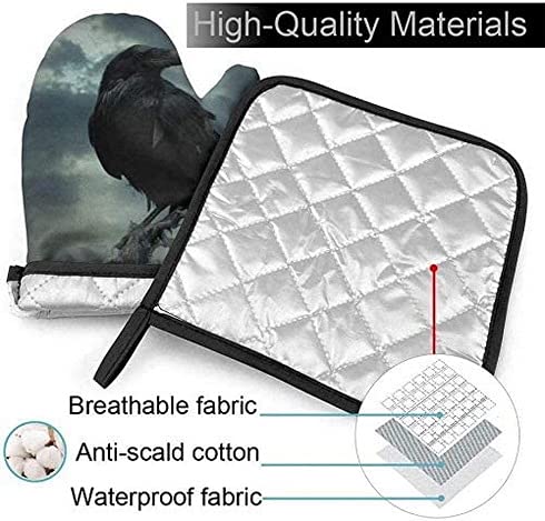 Raven Oven Mitt and Pot Holder Kitchen Set of 2: Heat Resistant Oven Mittens and Hot Pads Potholders for Kitchen