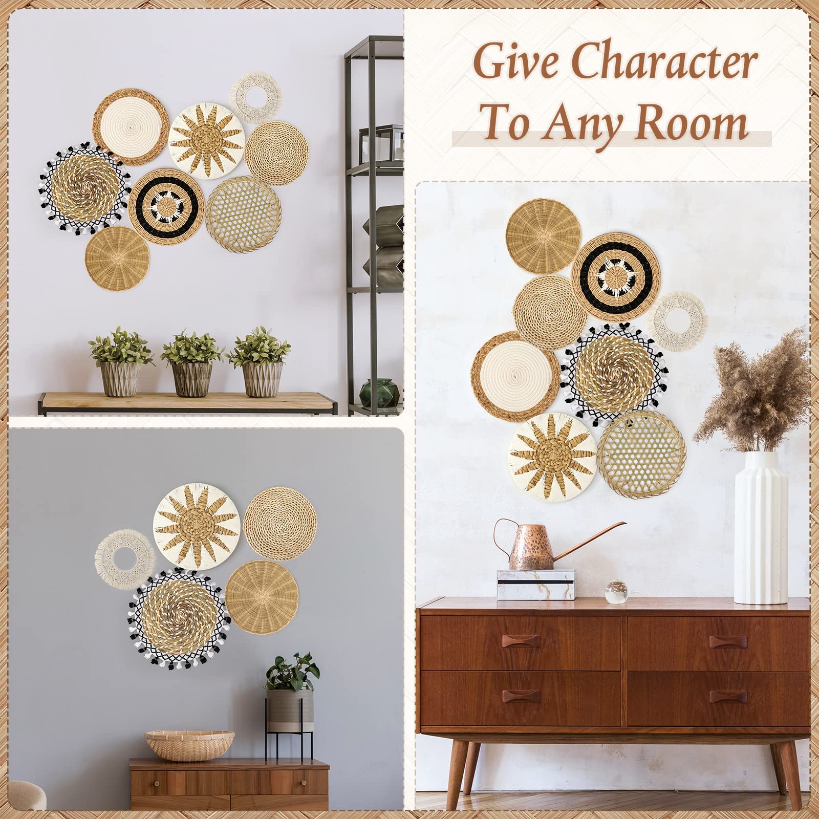 Set of 8 Wall Basket Decor Boho Wall Hanging Decor Rattan Wall Decor Flat Round Wicker Woven Macrame Tassels Tapestry Bamboo Wall Basket Serving Tray Art Handmade Set for Room Bedroom Living Room